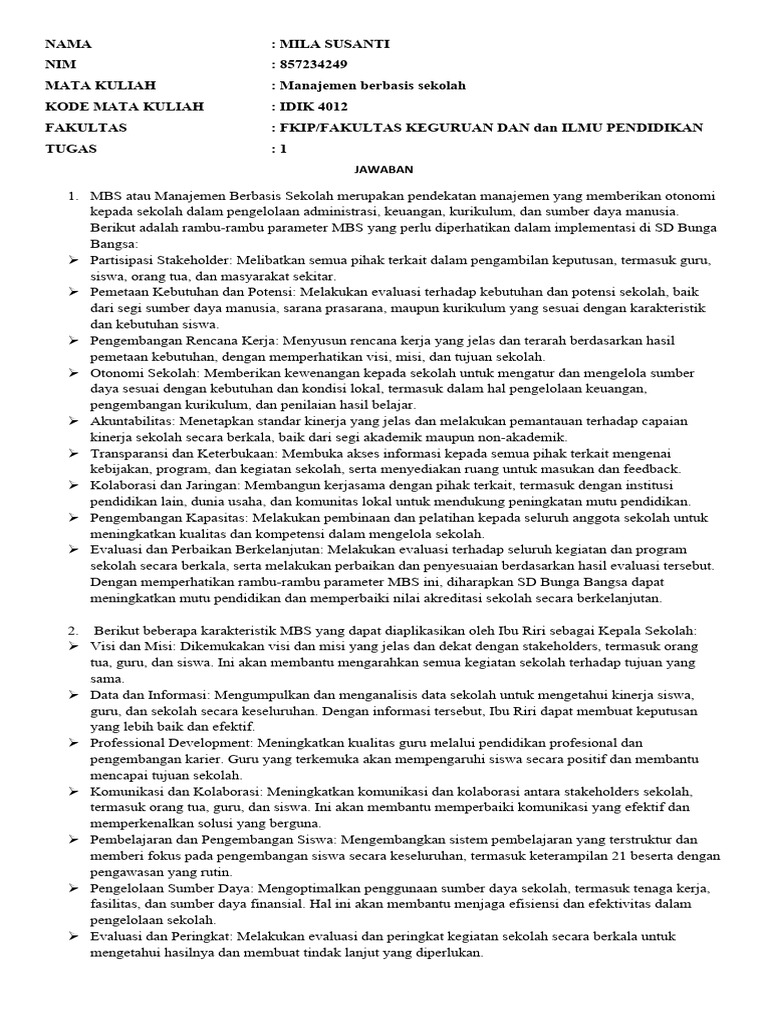 Tugas 1 Manajeman Berbasis Sekolah Idik 4012 | PDF