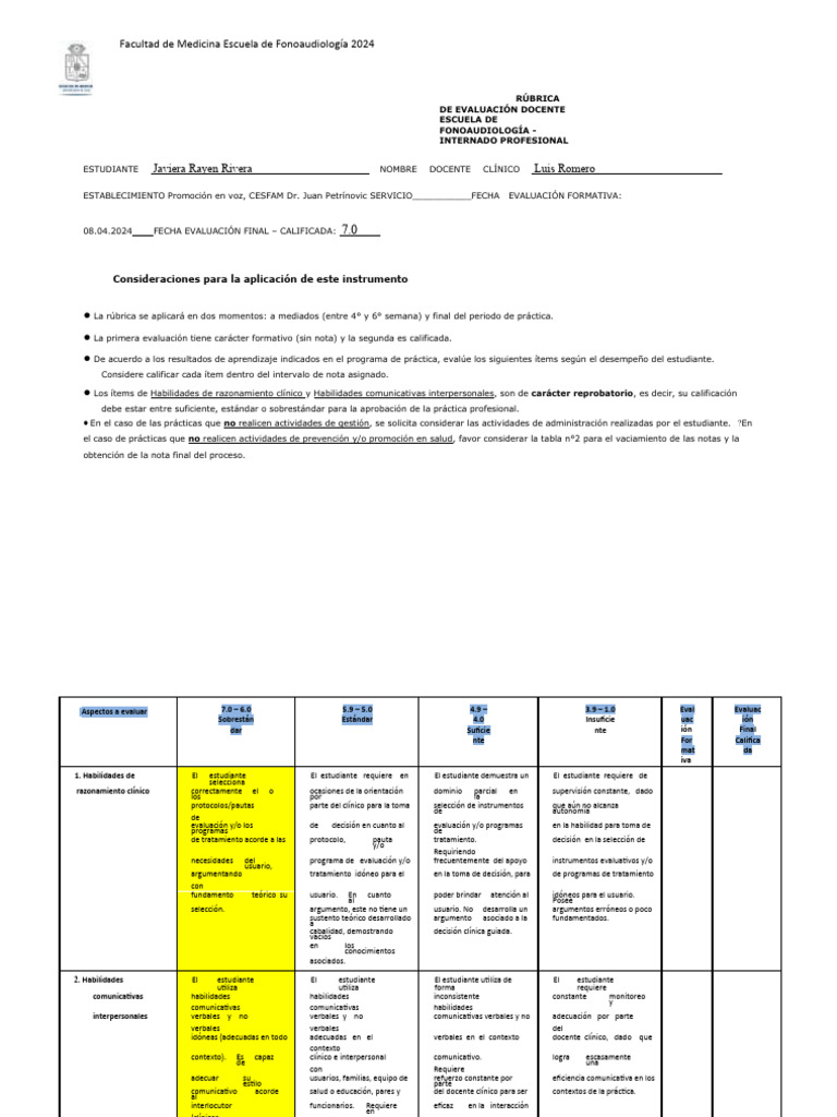 Rayén Rivera López RÚBRICA PRACTICA DOCENTE CLINICO 2024 | PDF ...