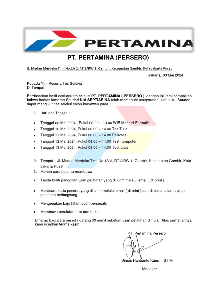 Undangan Tes Seleksi Pertamina | PDF