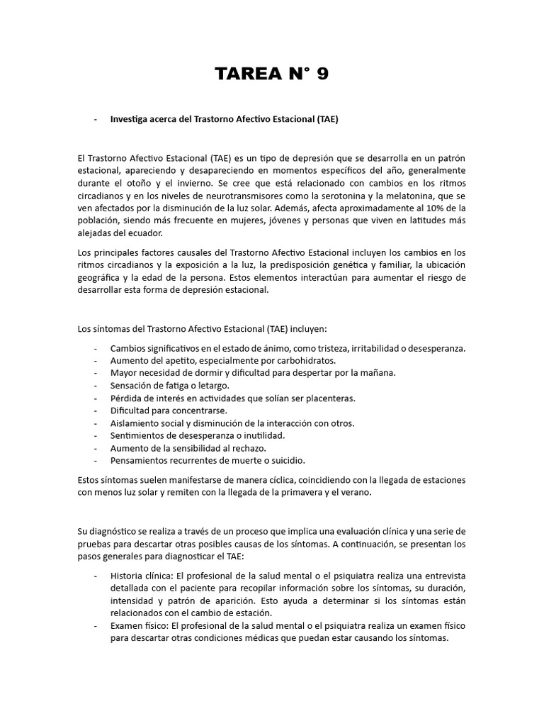 Tarea N°9 | PDF | Trastorno depresivo mayor | Diagnostico medico