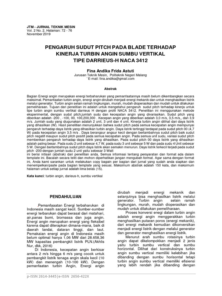 Pengaruh Sudut Pitch Pada Blade Terhadap Kinerja Turbin Angin Sumbu Vertikal Tipe Darrieus-H ...