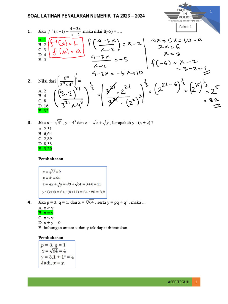 Pembahasan Soal Latihan Penalaran Numerik 2024 Paket 1 | PDF