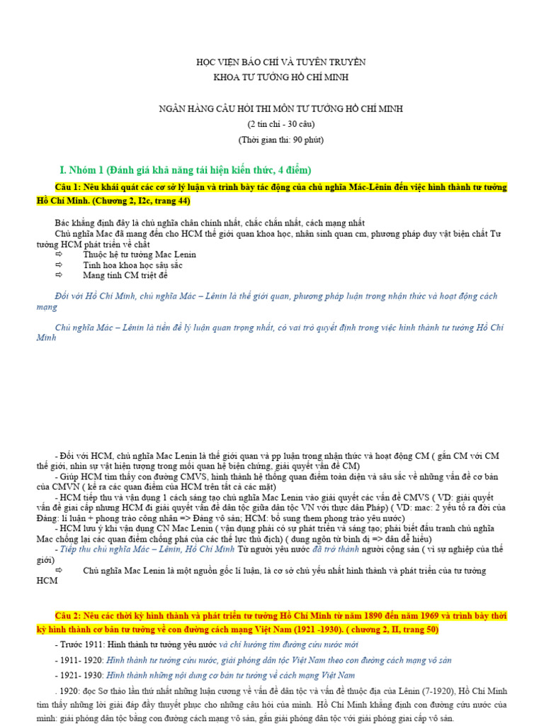Câu Hỏi Ôn Tập Môn TTHCM 2022 Đã Chỉnh Xong | PDF