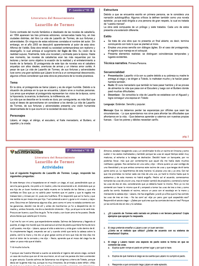 3º - Lección 10 - Lazarillo de Tormes | PDF | Novelas