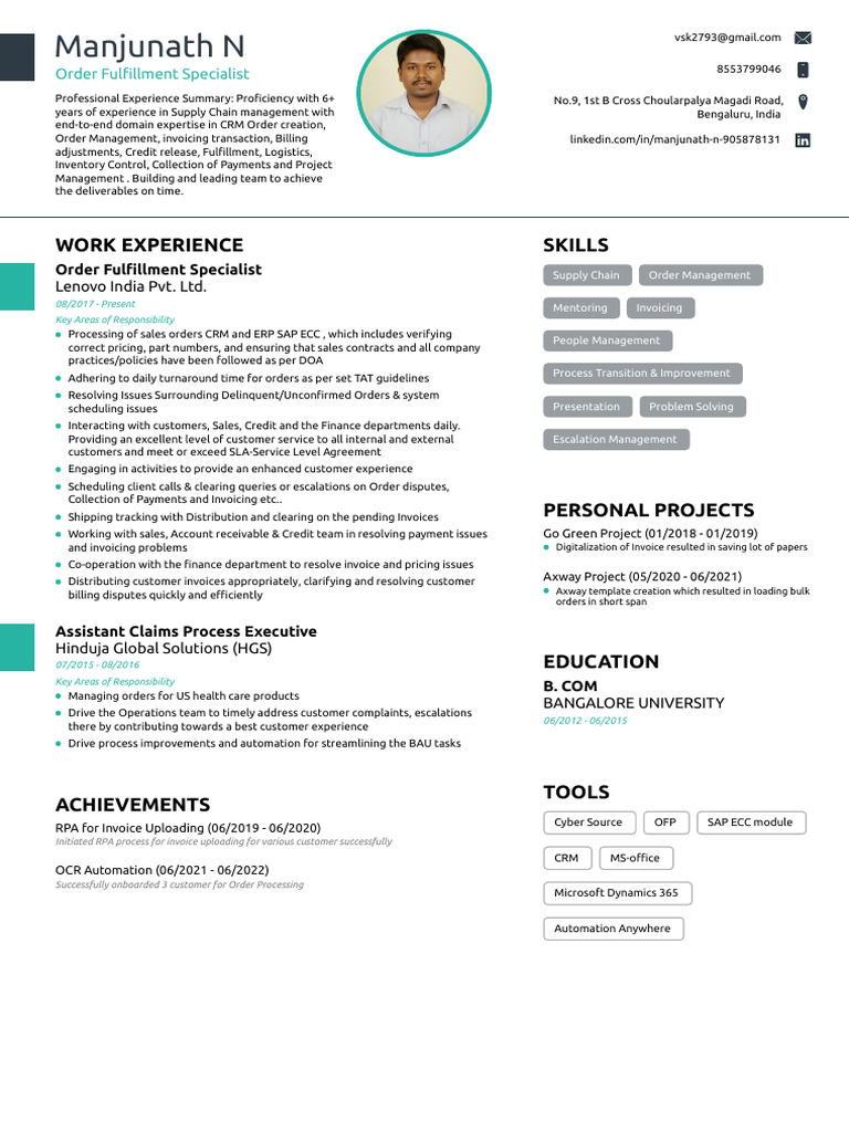 Manjunath's Resume | Download Free PDF | Customer Relationship Management | Invoice