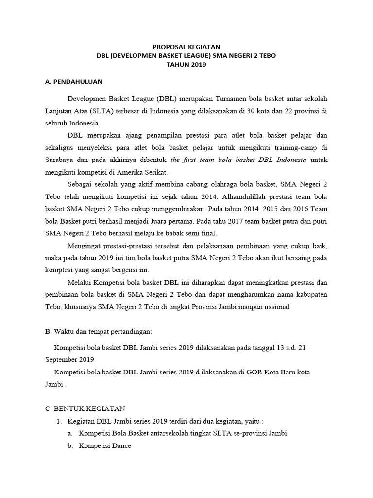 Proposal Kegiatan Bola Basket DBL 2019 | PDF
