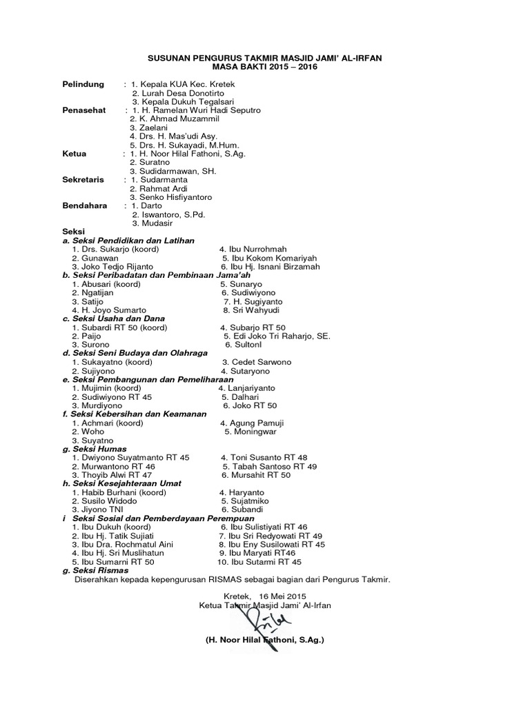 Pengurus Takmir Masjid Al-Irfan 2015-2016 | PDF
