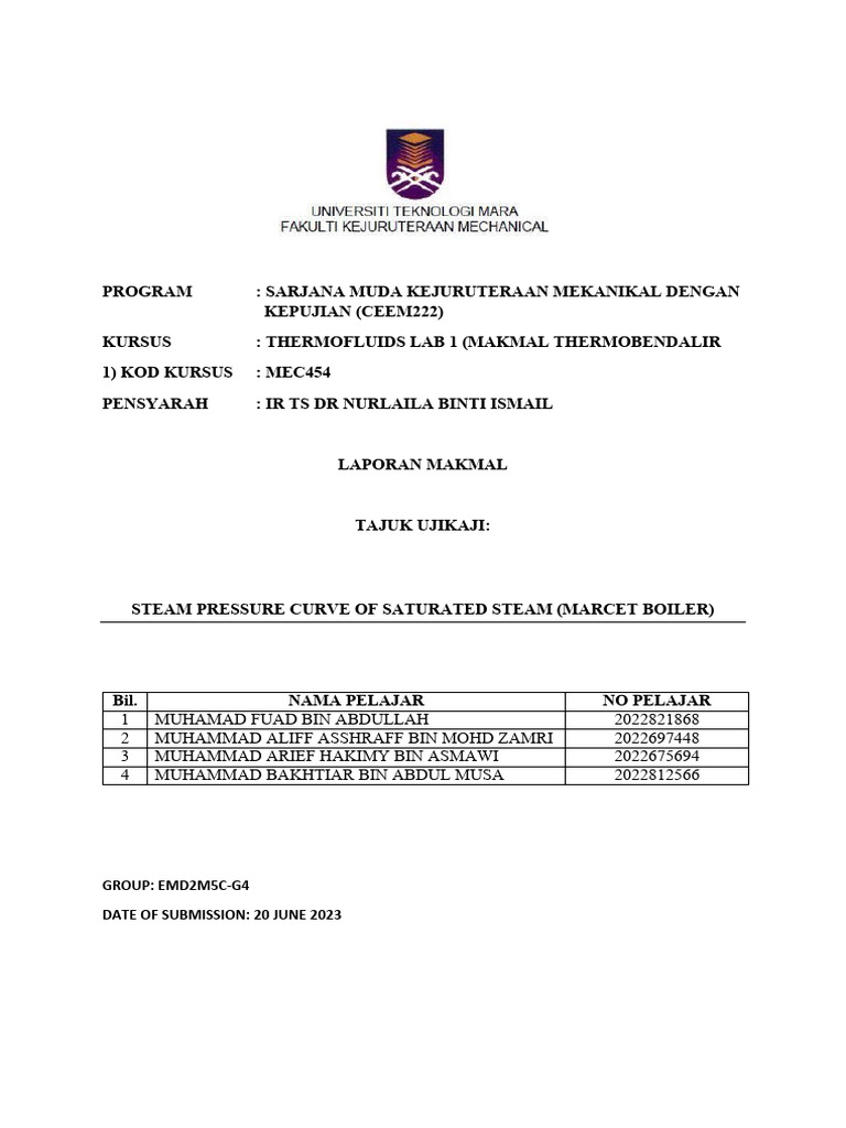 Steam Pressure Curve of Saturated Steam (Marcet Boiler) Report | PDF ...