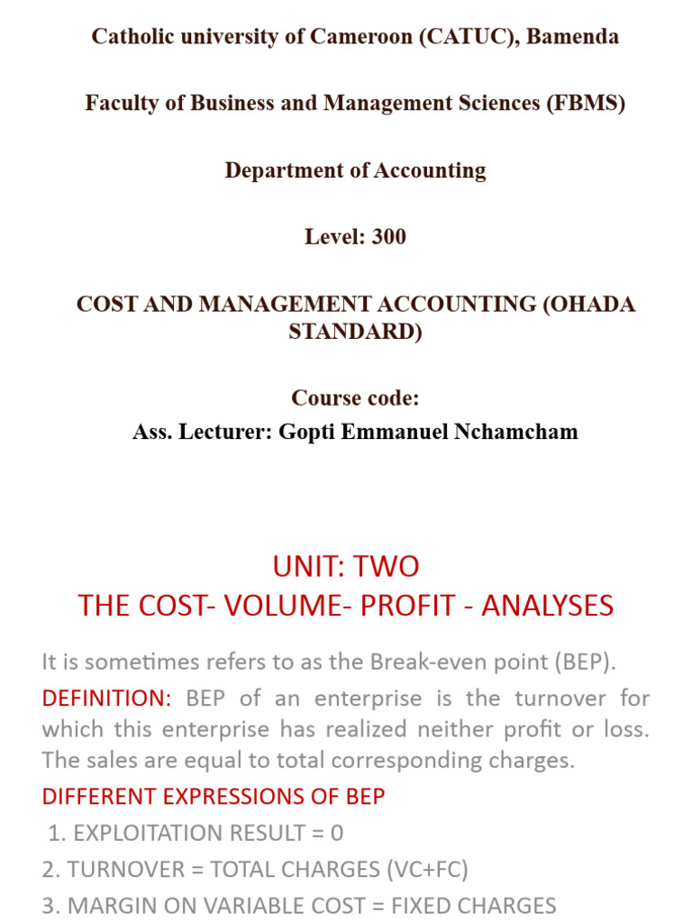 Cost Accounting Break Even Point Analysis Ohada Approach Notes Pdf