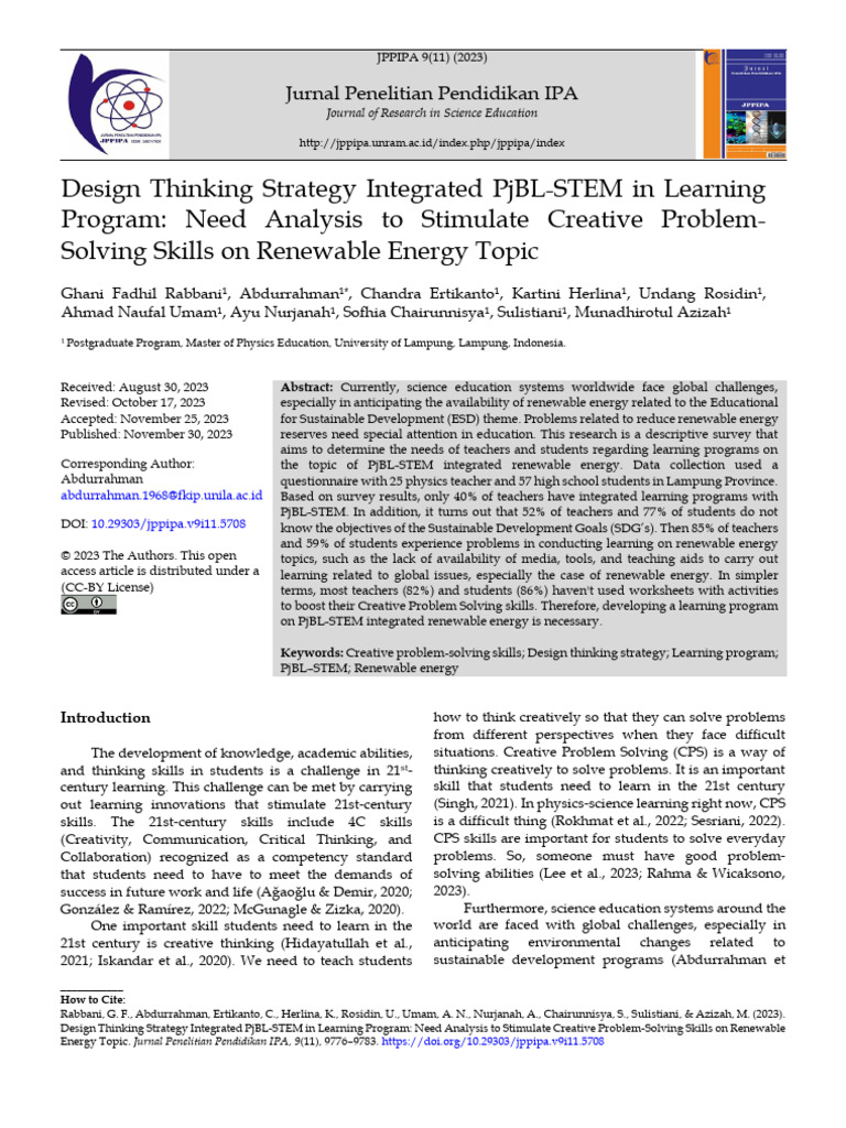 Design Thinking Strategy Integrated PjBL-STEM in Learning | PDF | Learning | Project Based Learning