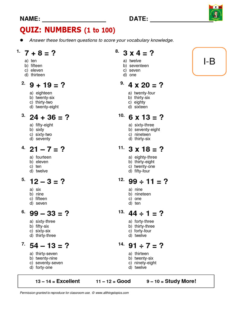 Year 3 Math Quiz: Numbers 1-100 | PDF