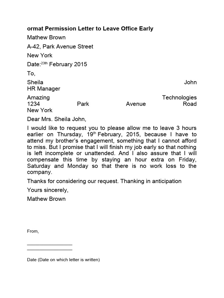 Format Permission Letter To Leave Office Early | PDF
