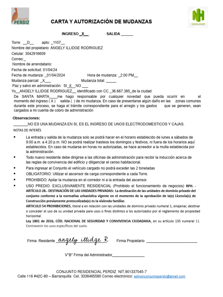 Formato Carta y Autorizacion de Mudanzas 1 | PDF