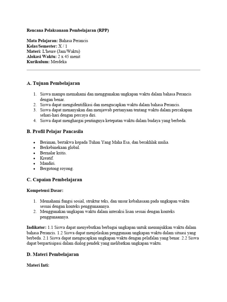 RPP X L'heure Bahasa Prancis SMA | PDF