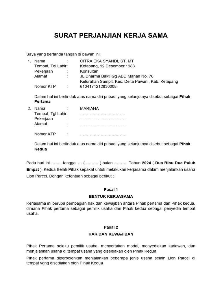 Surat Perjanian Kerjasama Usaha Lion Parcel | PDF Surat Perjanian Kerjasama Usaha Lion Parcel | PDF