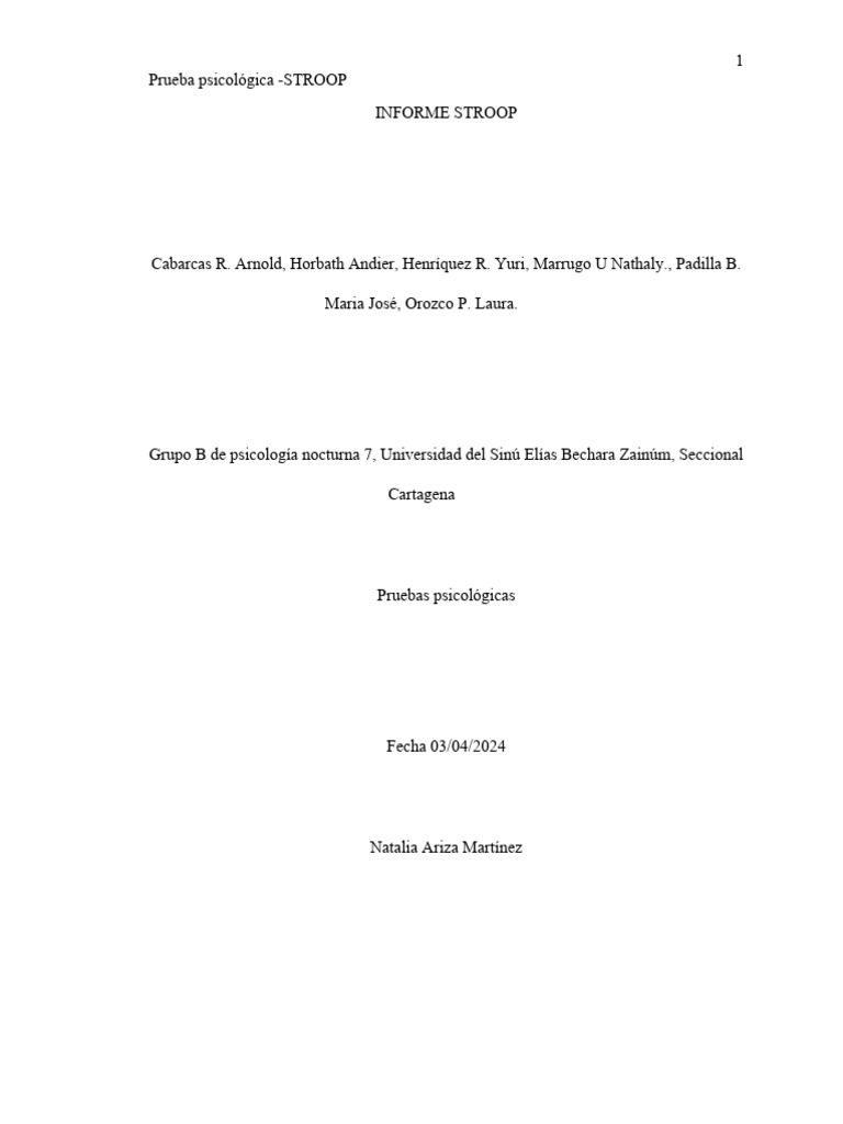 INFORME STROOP Final | PDF | Atención | Conceptos psicologicos