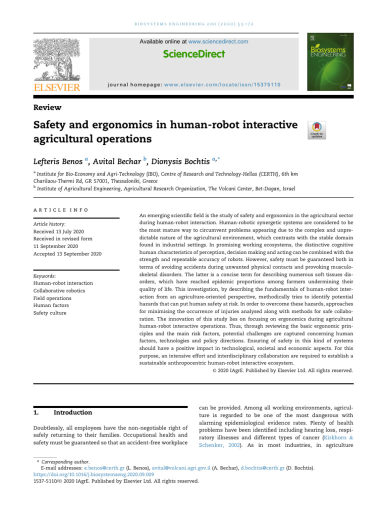 Safety And Ergonomics In Human Robot Interactive Agricultural Operations Pdf Human Factors