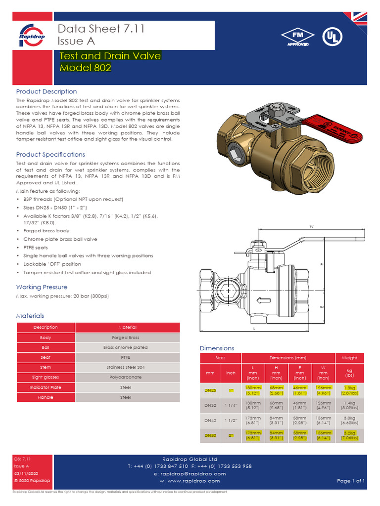 27. Test & Drain Valve Data Sheet. | PDF | Valve | Fire Sprinkler System