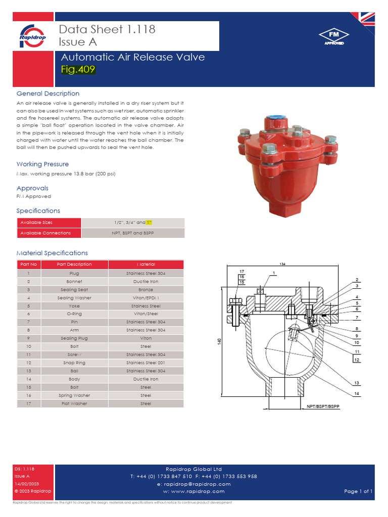Automatic Air Release Valve Data Sheet | PDF | Valve | Steel