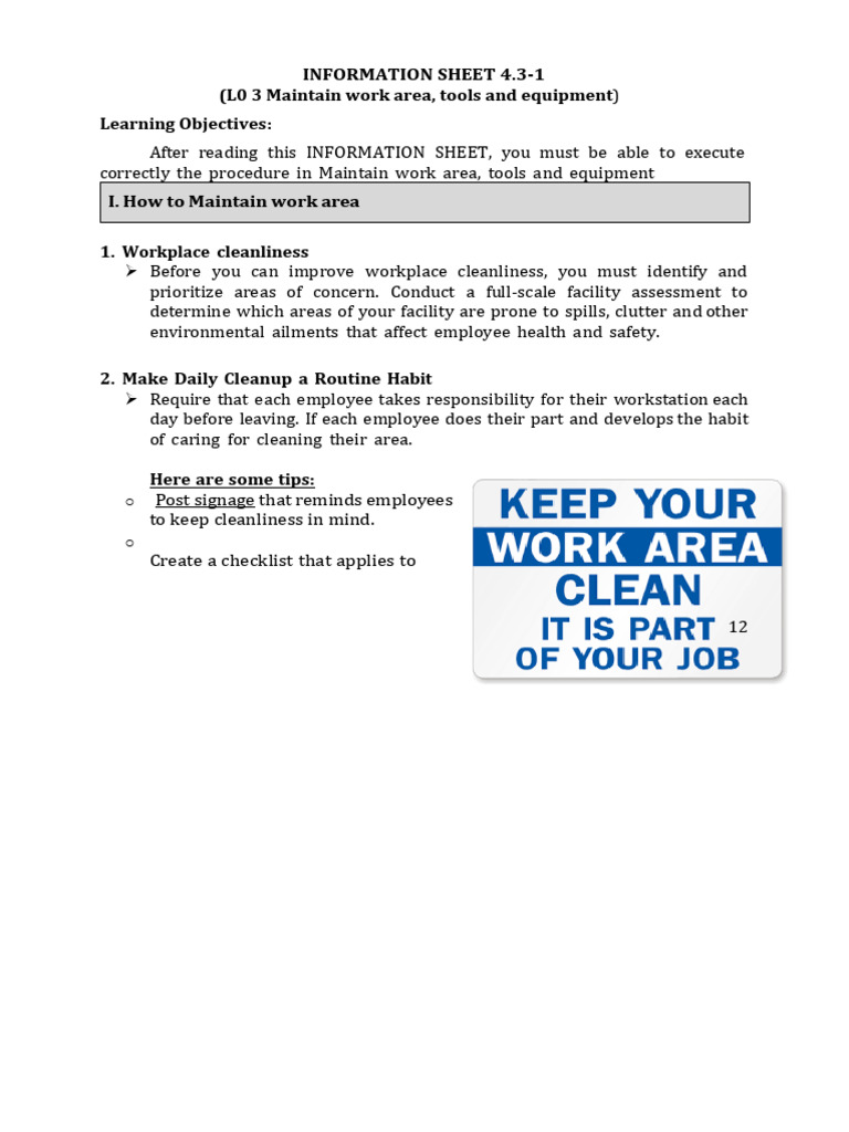 Maintain work area, tools and equipment | PDF | Occupational Safety And ...