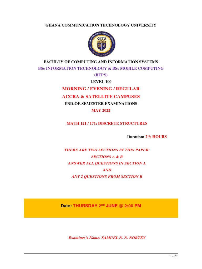 1st Semester End of Sem Exams For Discrete Structures May 2022 BIT | Download Free PDF | Boolean ...