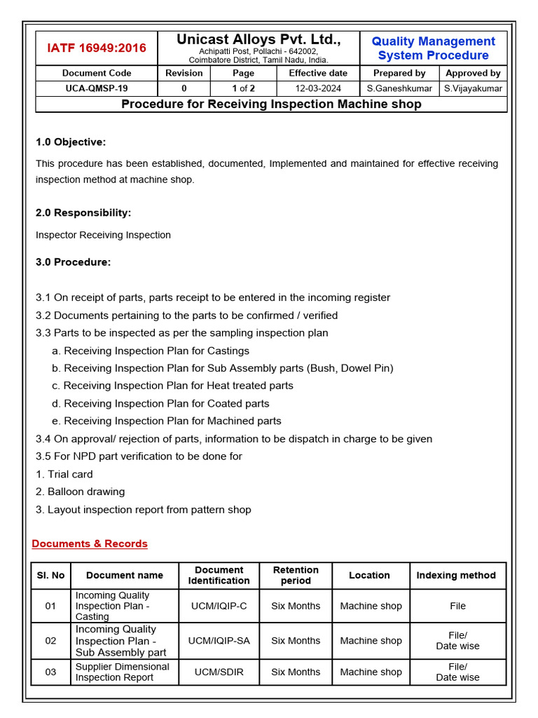 UCA QMSP 19 Incoming Inspection | PDF