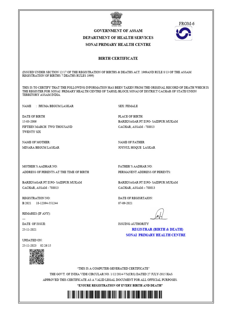 Assam Birth Certificate Details | PDF