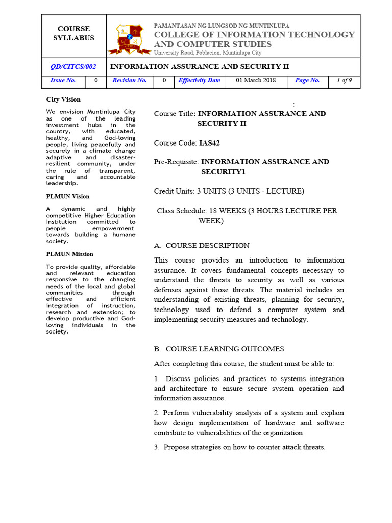 Information Assurance and Security II Syllabus | PDF | Security | Computer Security