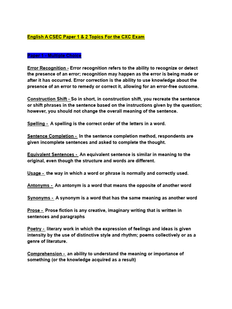 CSEC English Exam Topics | PDF | Essays | Grammar