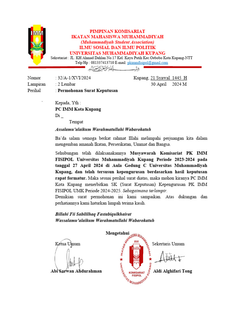Surat Permohonan SK PK IMM Fisipol | PDF | Ilmu Sosial