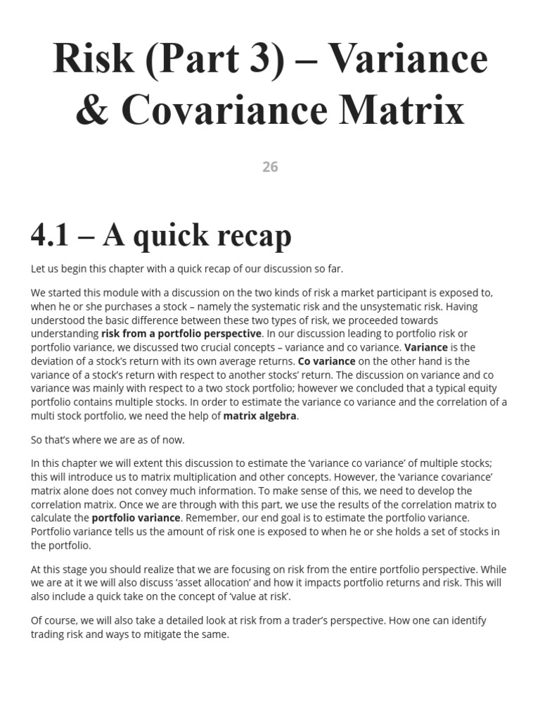 Risk (Part 3) - Variance & Covariance Matrix - Varsity by Zerodha - All ...
