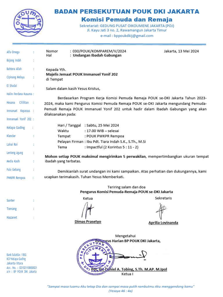Surat Undangan Ibadah Gabungan POUK Immanuel Yonif 202 | PDF
