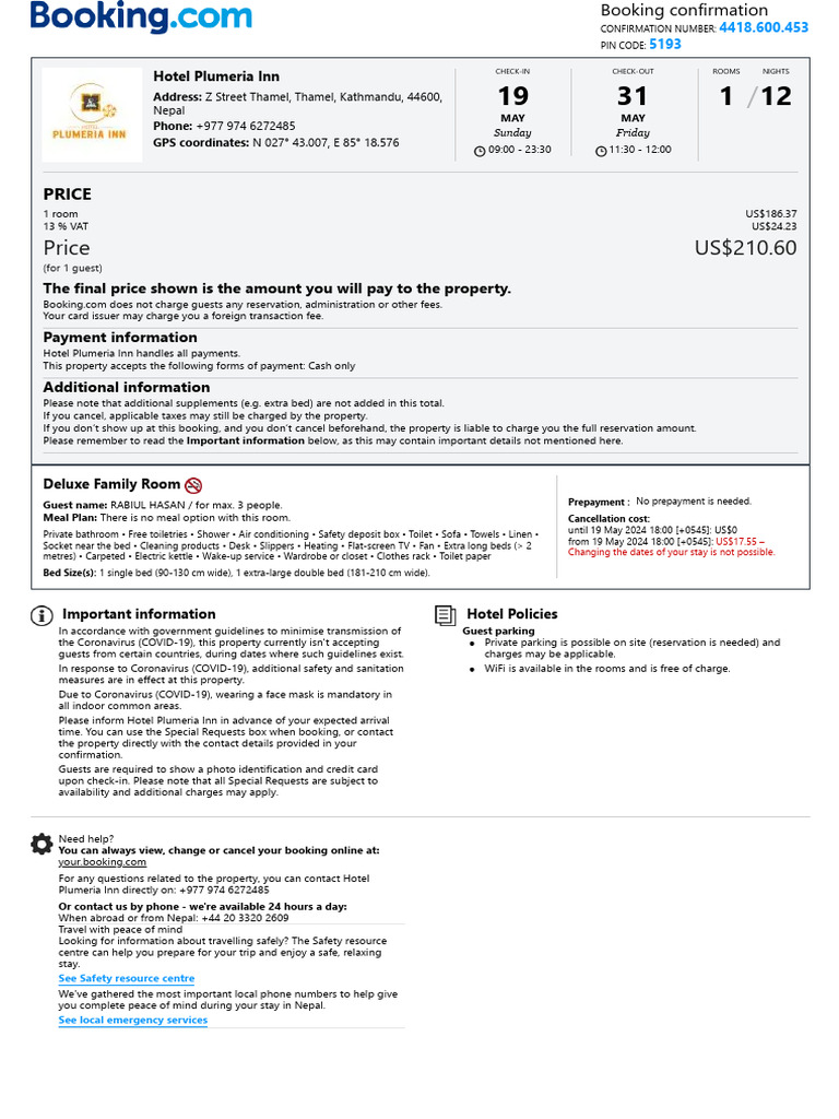 RABIUL HASAN_ Booking.com_ Confirmation | PDF | Fee | Payments