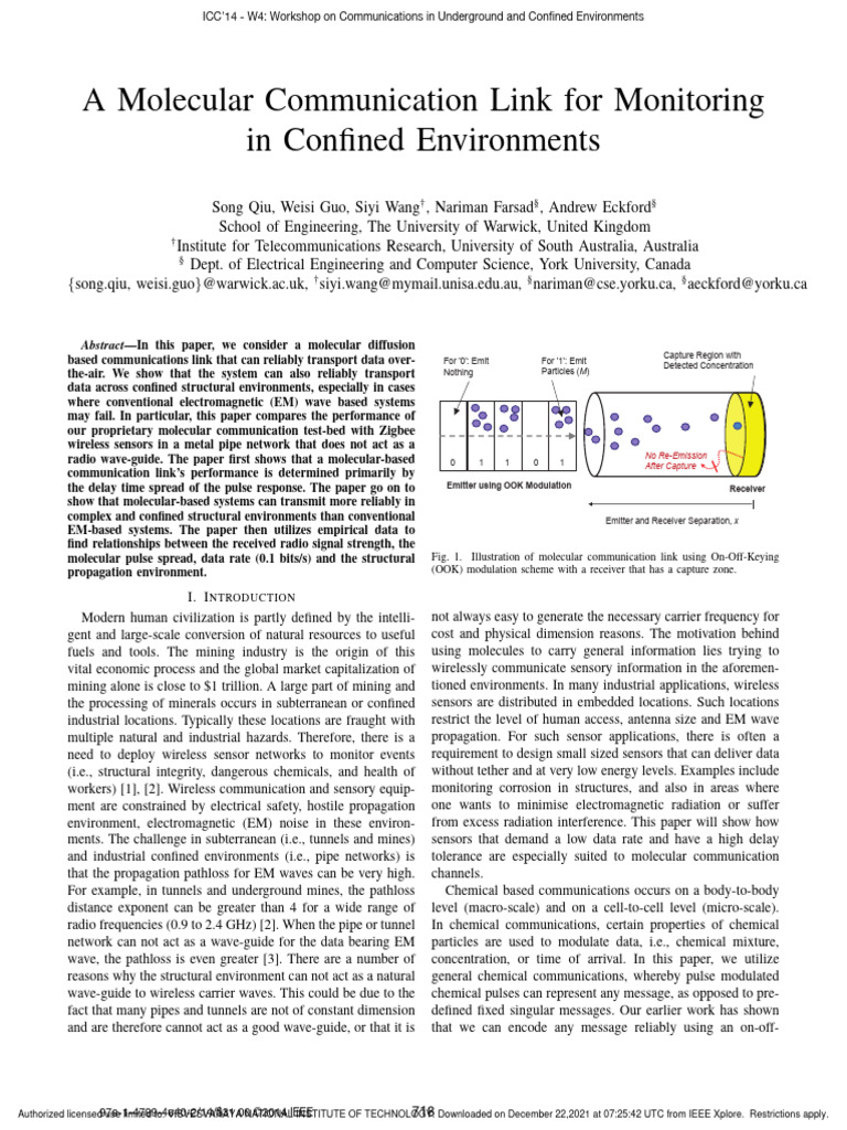 A Molecular Communication Link For Monitoring In Confined Environments