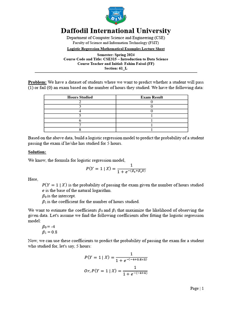 Logistic Regression Mathematical Examples Lecture Sheet | PDF | Logistic Regression ...