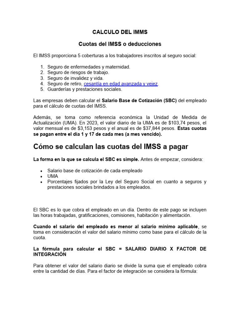 Cálculo de Cuotas del IMSS en 2023 | PDF | Salario | Salario mínimo