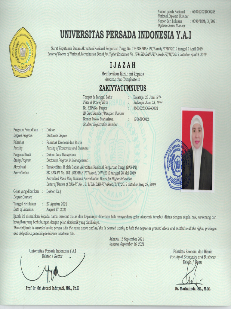 ijazah S2 Dr Hj Zakiyya Tunnufus | PDF