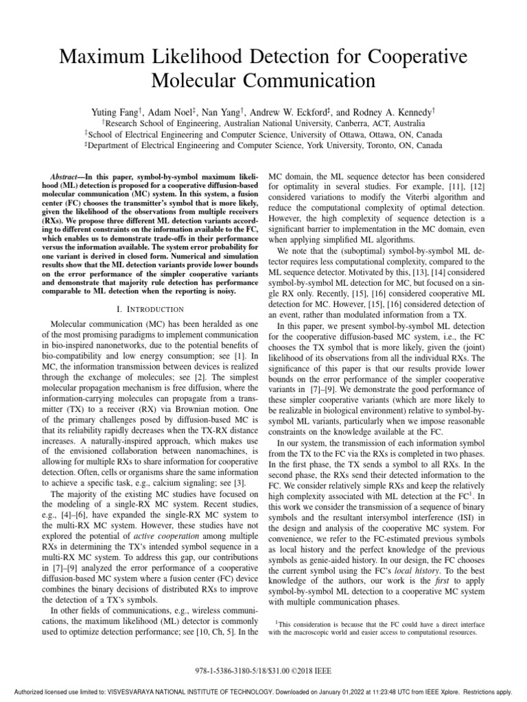 Maximum Likelihood Detection For Cooperative Molecular Communication | PDF | Information ...