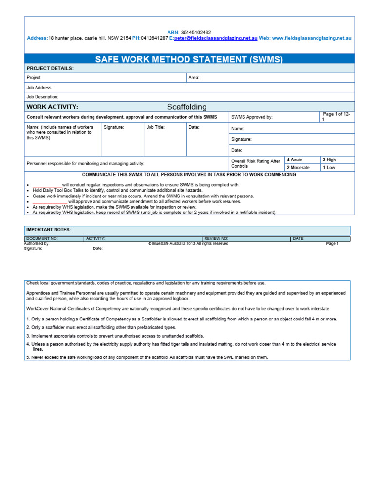 WHS 2016 Scaffolding SWMS | PDF | Scaffolding | Personal Protective ...