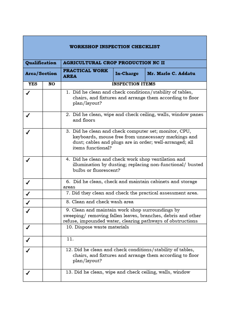 Workshop Inspection Checklist | PDF