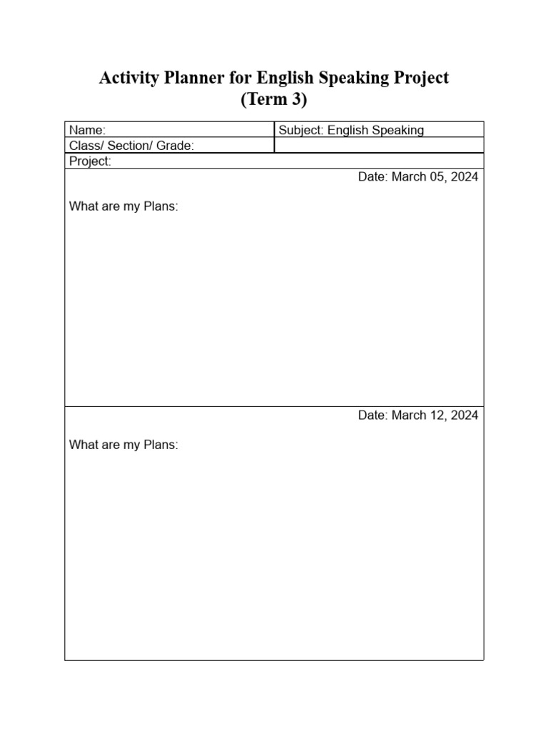 Activity Planner For English Speaking Subject | PDF