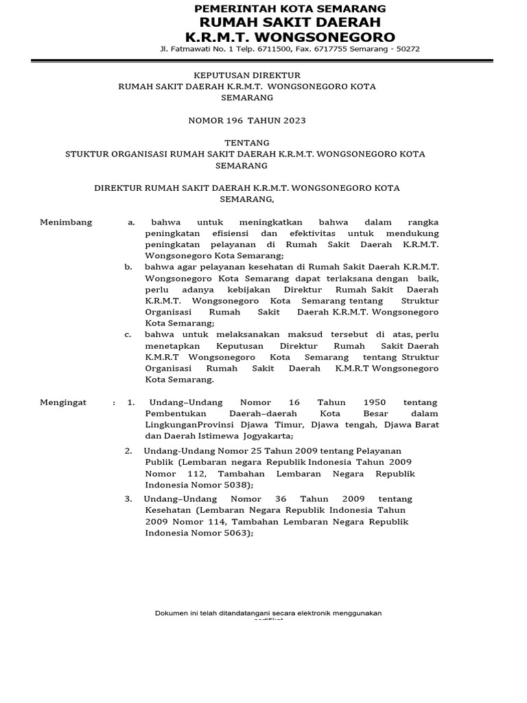 Sk 196 2023 Struktur Organisasi Rsd Krmt Wongsonegoro Pdf