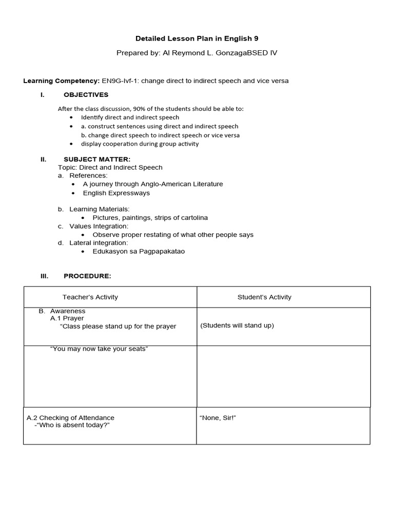 Direct and Indirect Speech Lesson Plan | PDF | Grammatical Tense | Verb
