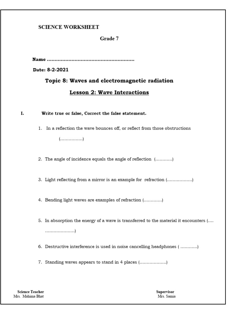 Science Worksheet Grade 7: Name Date: 8-2-2021 | PDF | Reflection ...