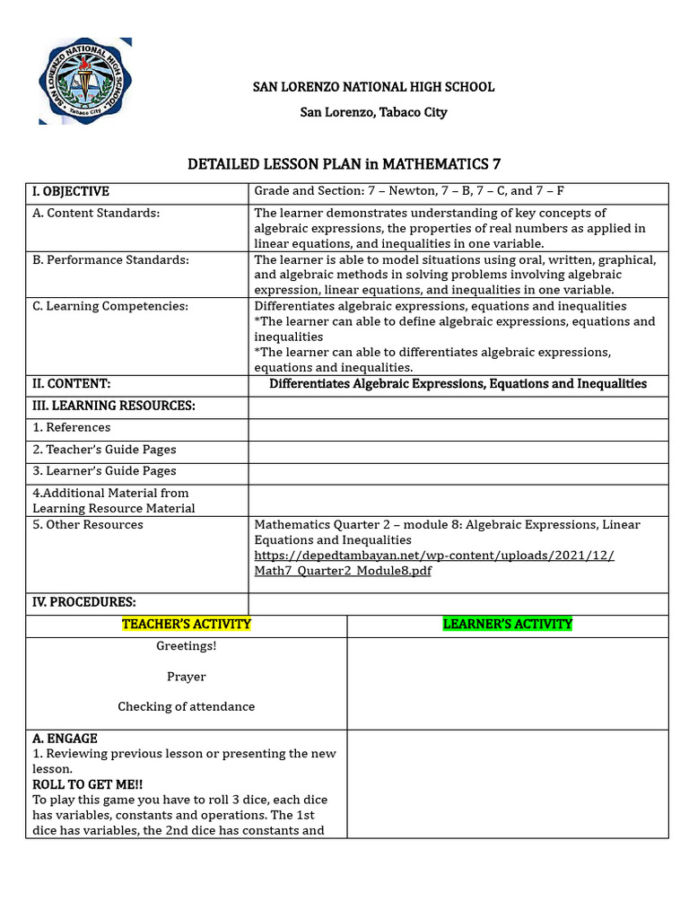 LP For ALGEBRAIC EXPRESSION, EQUATIONS AND INEQUALITIES | PDF ...
