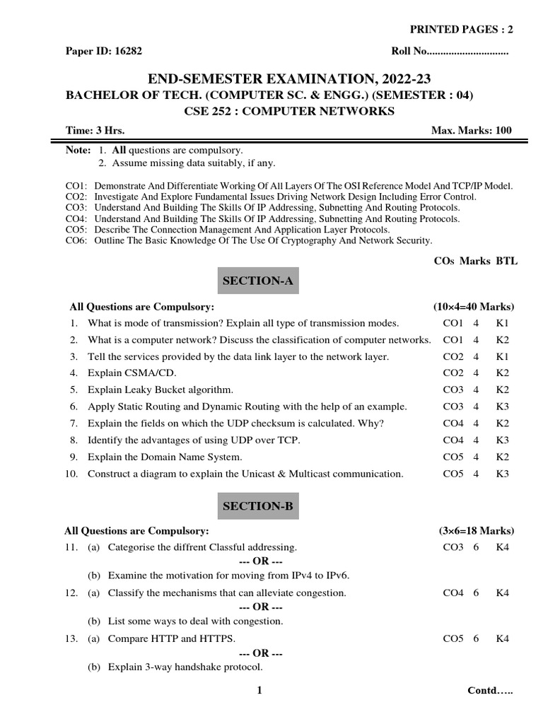 Computer Networks (Cse252) 2022-23 | PDF | Internet Protocol Suite | Computer Network