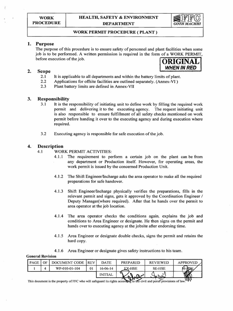 WP-010-Work Permit Procedure (Plant) - 104 | PDF