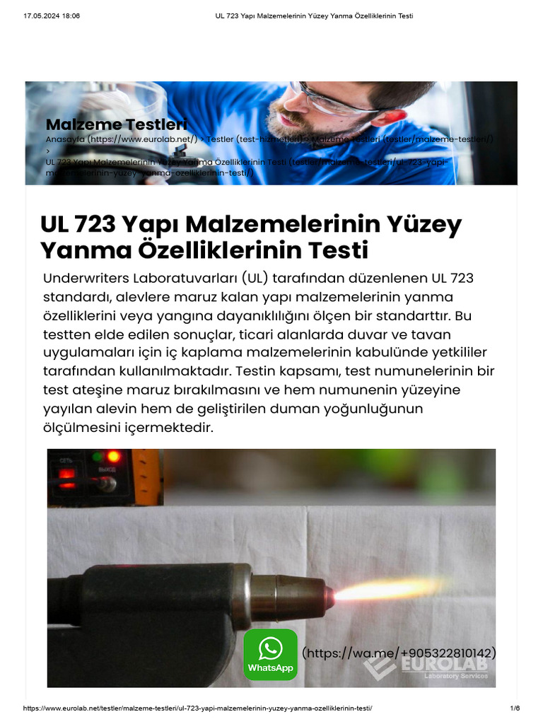 UL 723 Yapı Malzemelerinin Yüzey Yanma Özelliklerinin Testi | PDF