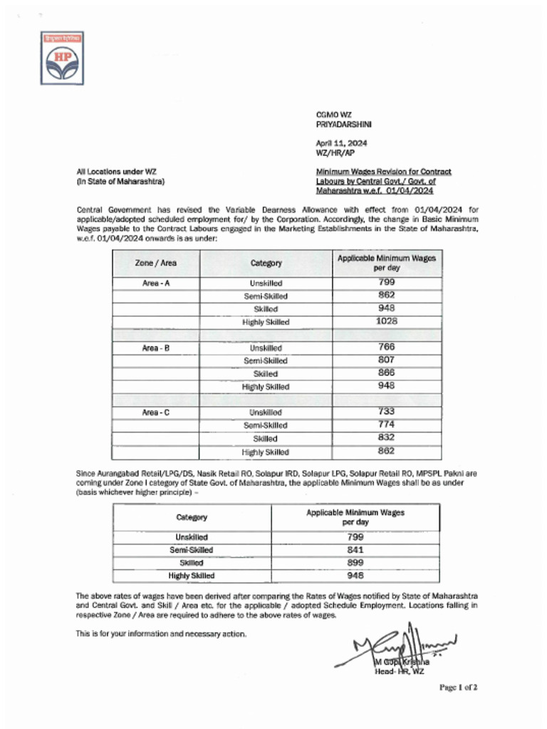 5-Minimum Wages Circular - 01.04.2024 (English) | PDF