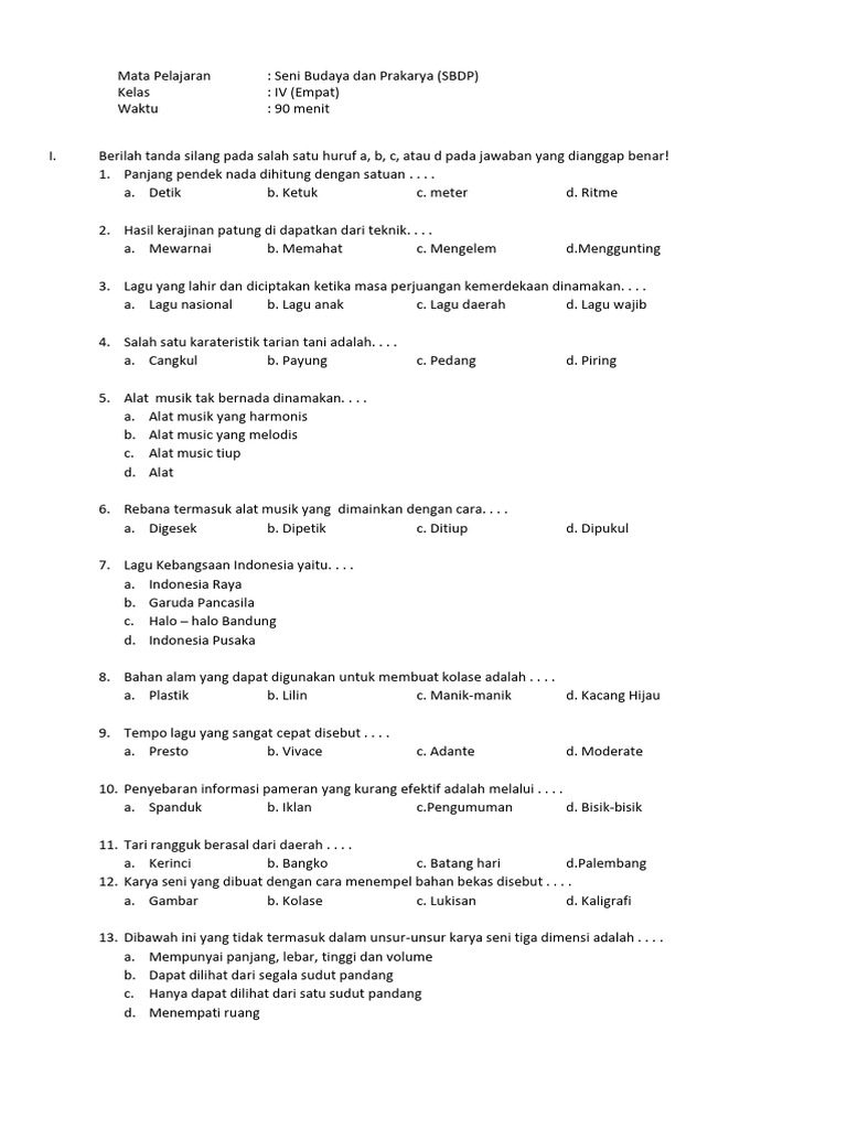 Soal Ujian SBDP Kelas IV | PDF